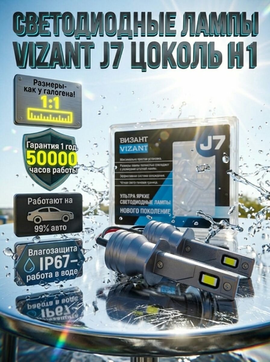 Светодиодные лампы Vizant J7 цоколь H1 с чипом CSP 3570 4500lm 5000K
