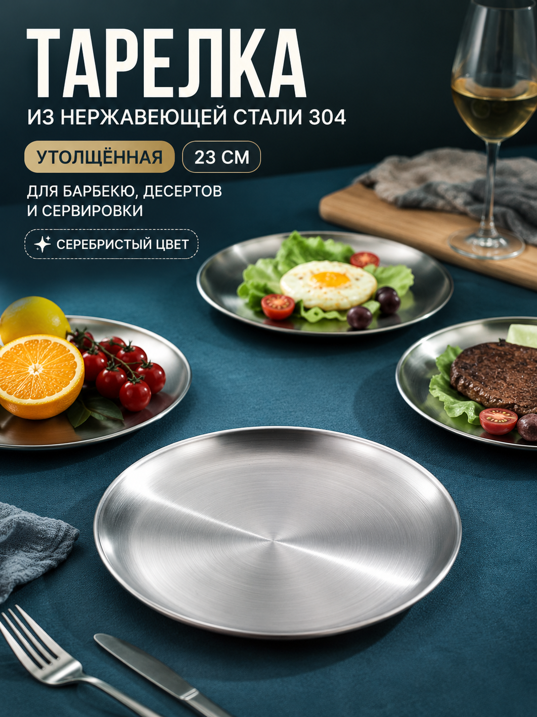 Набор тарелок, металл, нержавеющая сталь, цвет серебристый, 23см, 8 штук