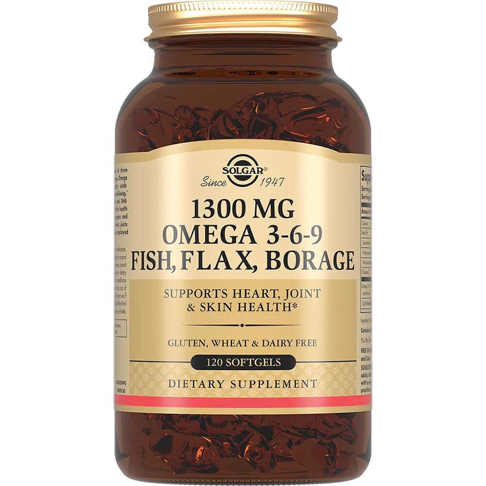БАД Solgar Капсулы "Комплекс жирных кислот 1300 мг Омега З-6-9", 120 шт. 1300 mg Omega 3-6-9, Fish, Flax, Borage
