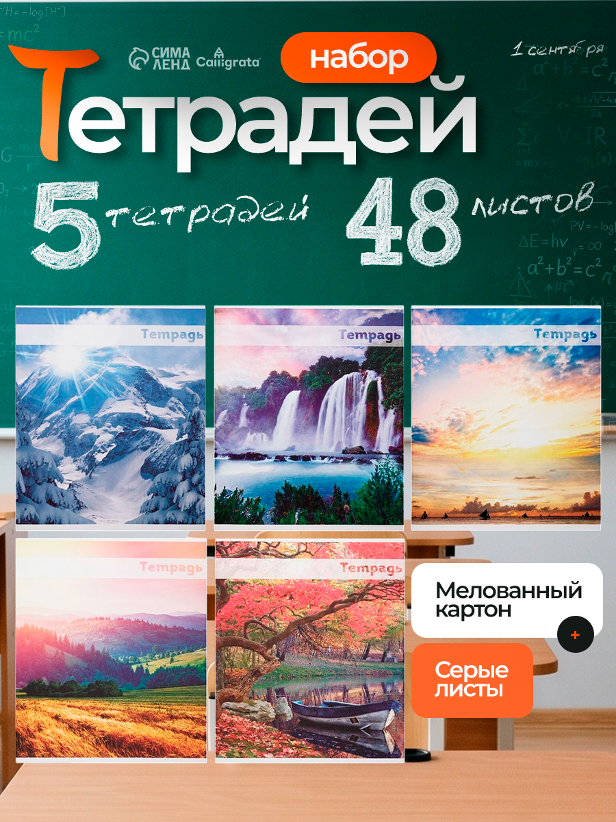 Комплект тетрадей Calligrata "Красоты природы" 5 шт, 48 л. в клетку, обложка мелованная бумага, блок №2, белизна 75%