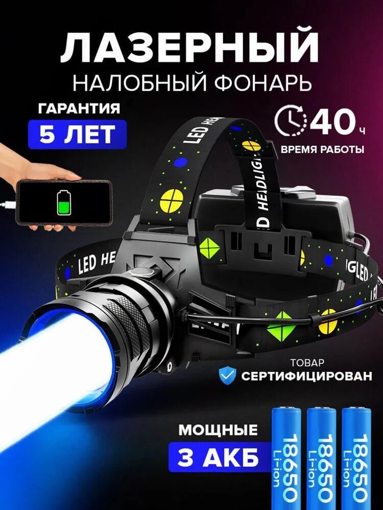 Налобный фонарь PM10-TG на лазерном светодиоде, 12000 Лм, 15 Вт, 5 режимов, 18650, IPX6, черный, 320 г, гарантия 5 лет