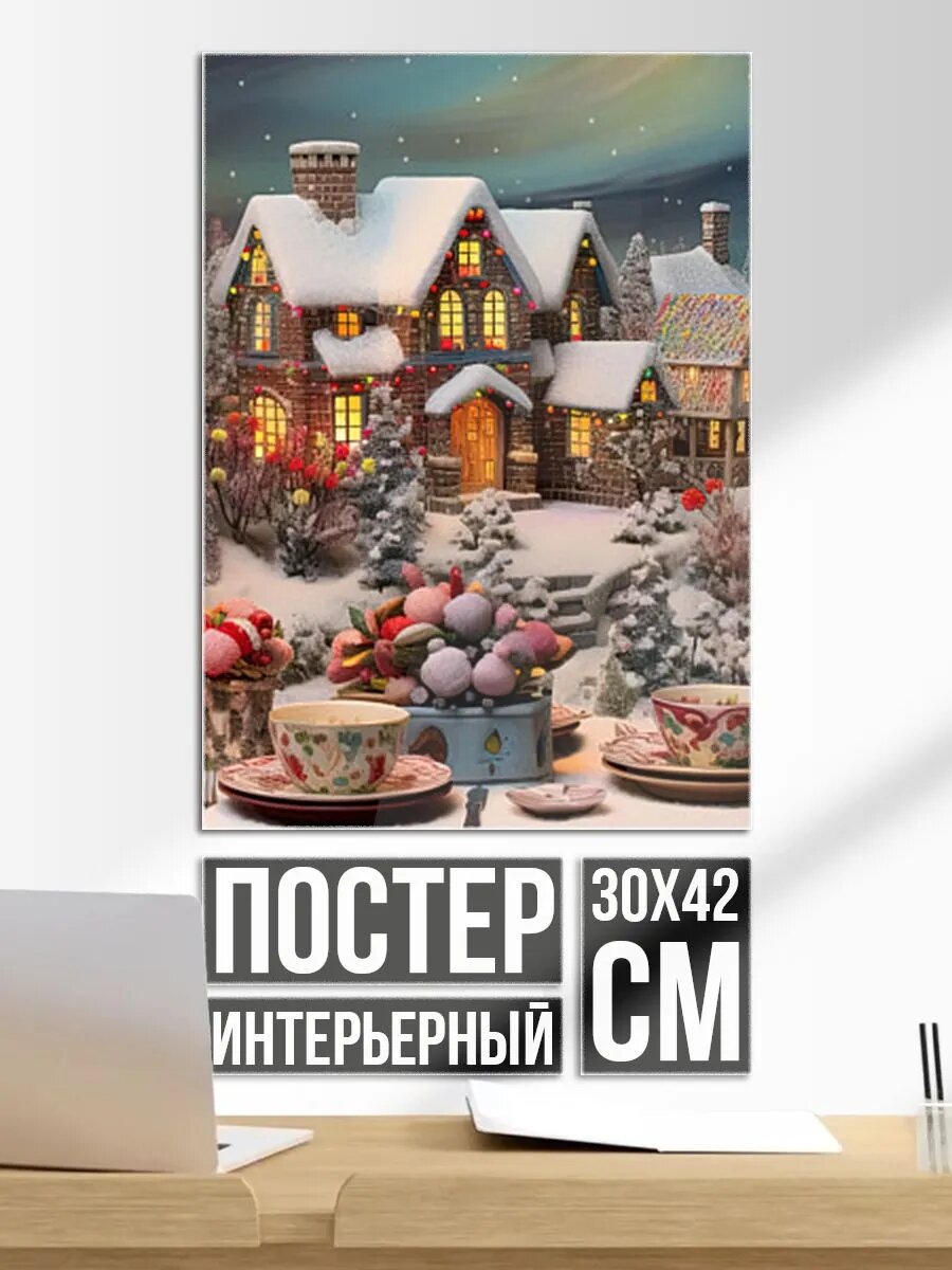 Постер на стену Объемные новогодние домики