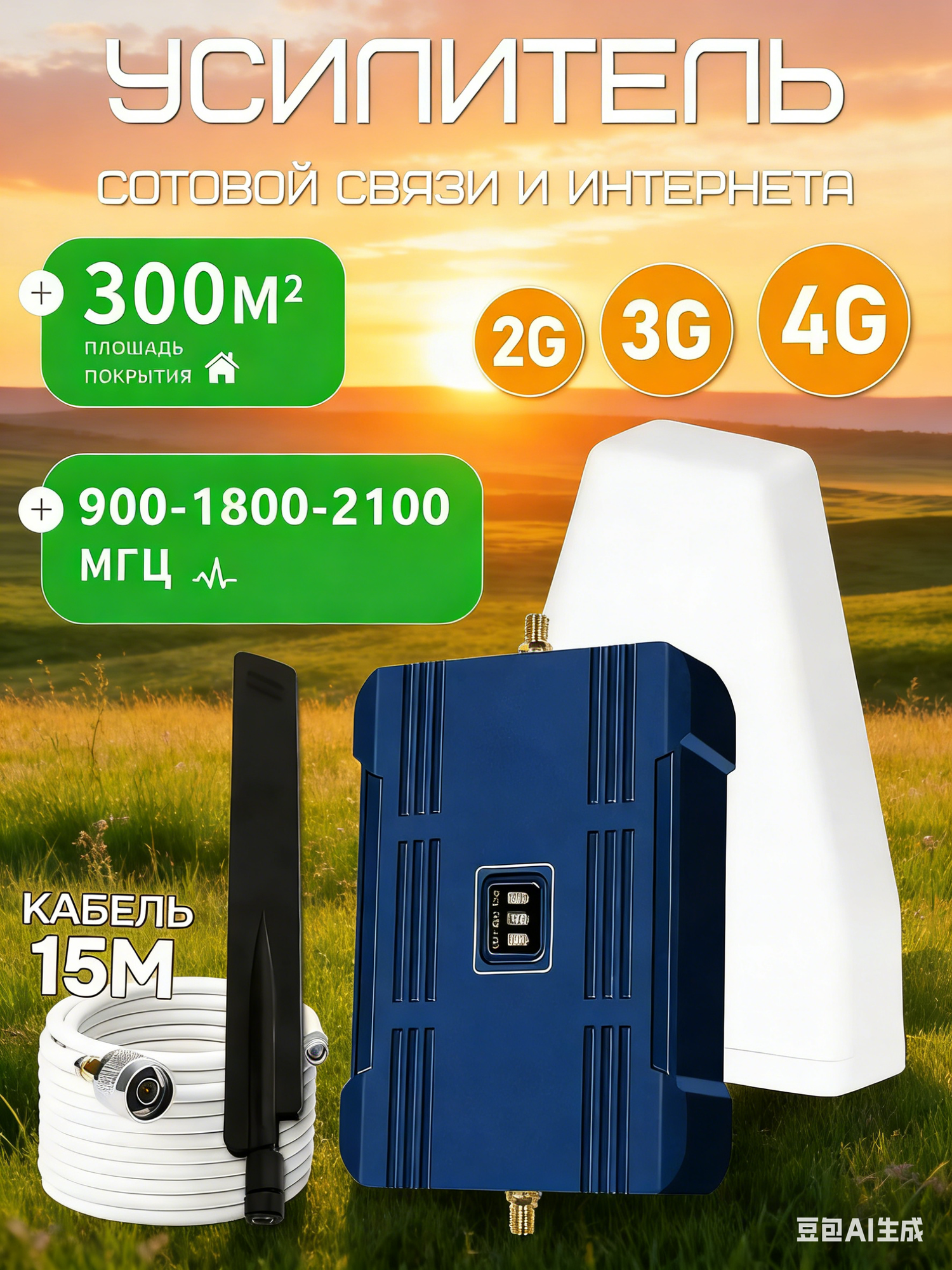 Усилитель сотовой связи 900/1800/2100 МГц (2G/3G/4G): до 70 км, направленный, синий, 1.3 кг