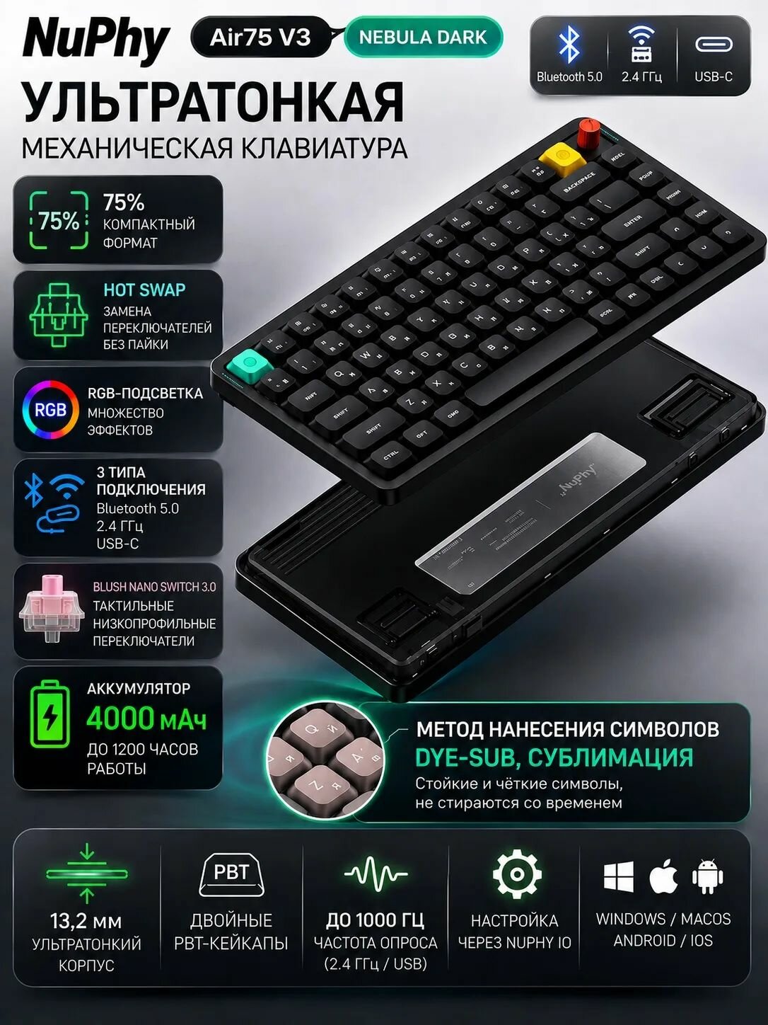 Беспроводная ультратонкая механическая клавиатура Nuphy AIR75v3 Nebula Dark, RGB, Hot Swap, Blush Nano Switch, NuPhy IO 2.0 (AIR75v3-ND-BLN)