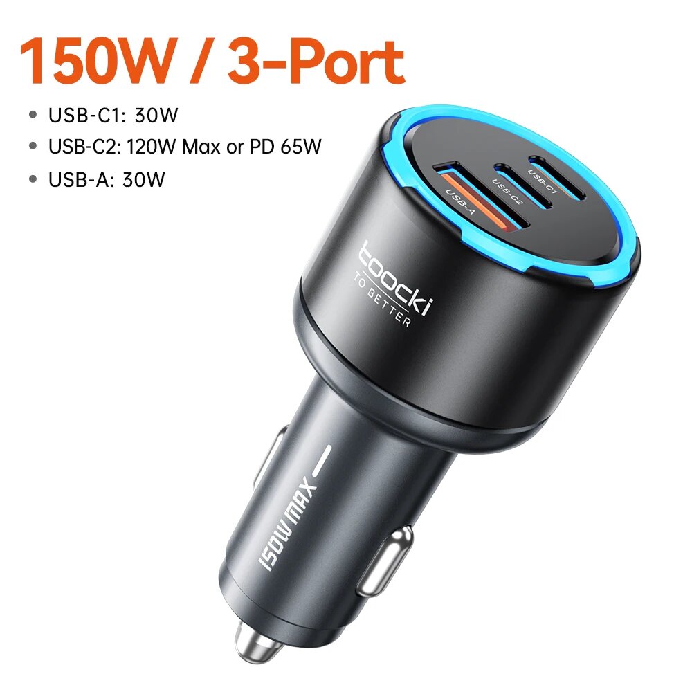 Автомобильное зарядное устройство Toocki 150W USB-C PD3.0 PPS SFC3.0 для iPhone 17, Samsung S26 Ultra, Xiaomi, Huawei – быстрое зарядное устройство USB Type-C для телефона в автомобиль