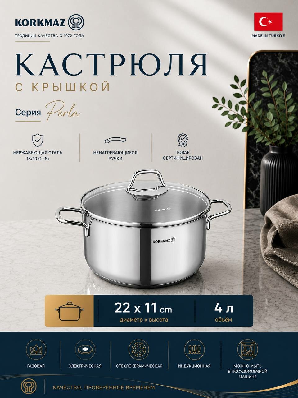 Кастрюля из нержавеющей стали со стеклянной крышкой 4 л