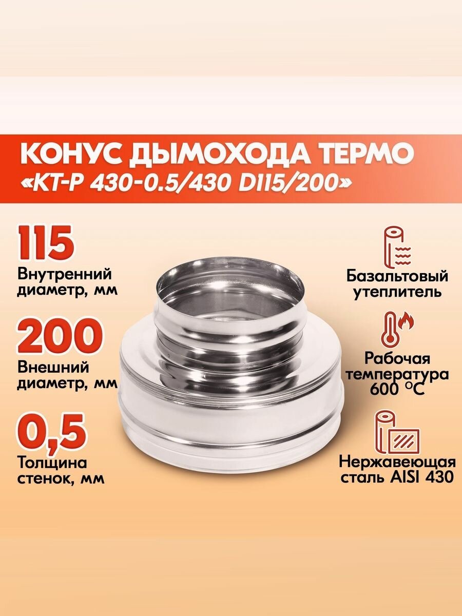 Конус Термо D115*200 (0.5/430*0.5/430) для дымохода двухконтурный с тепловой изоляцией, сэндвич конус термо из нержавейки