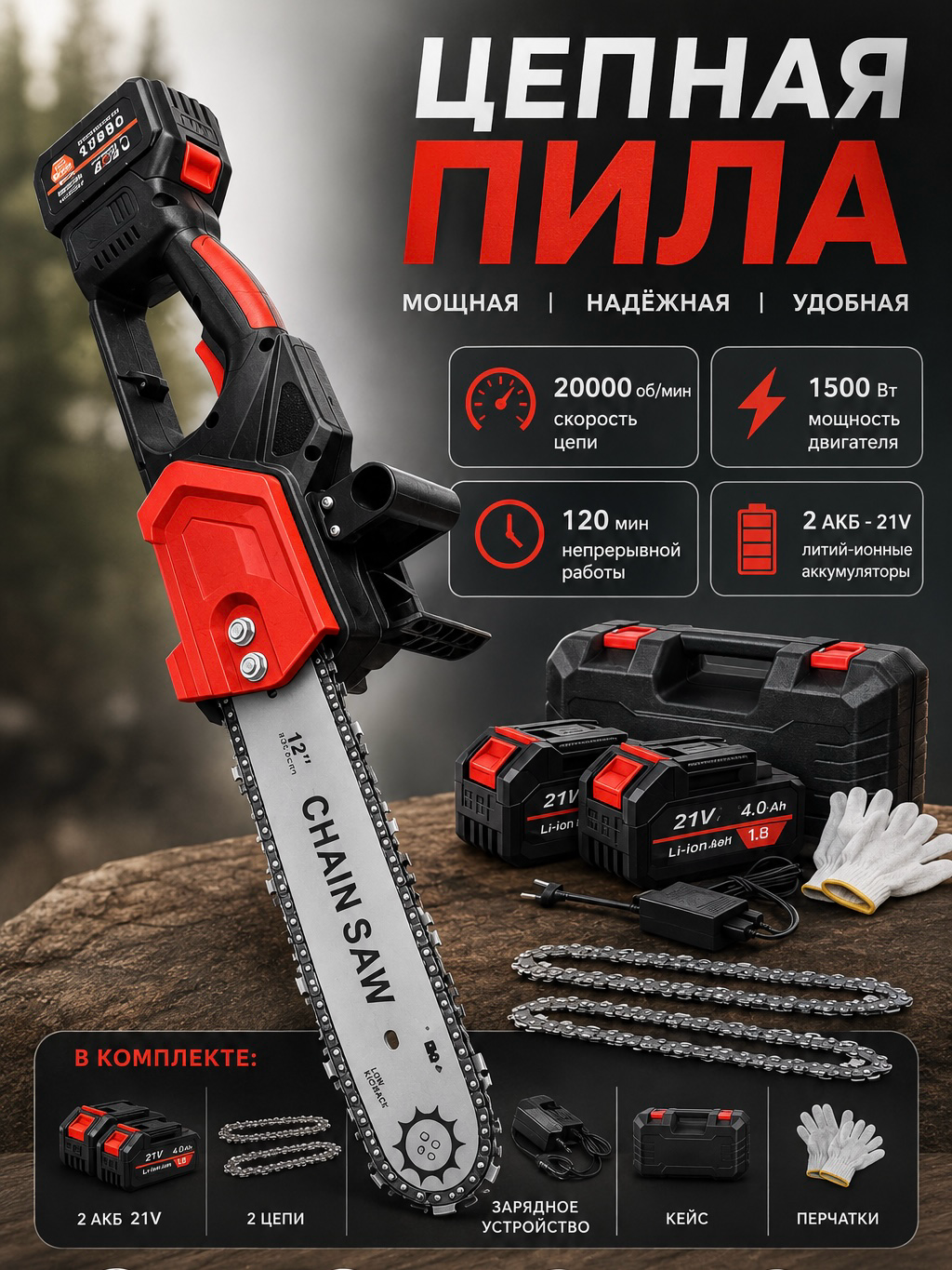 Пила цепная аккумуляторная бесщеточная садовая, 12" шина, 1000 Вт