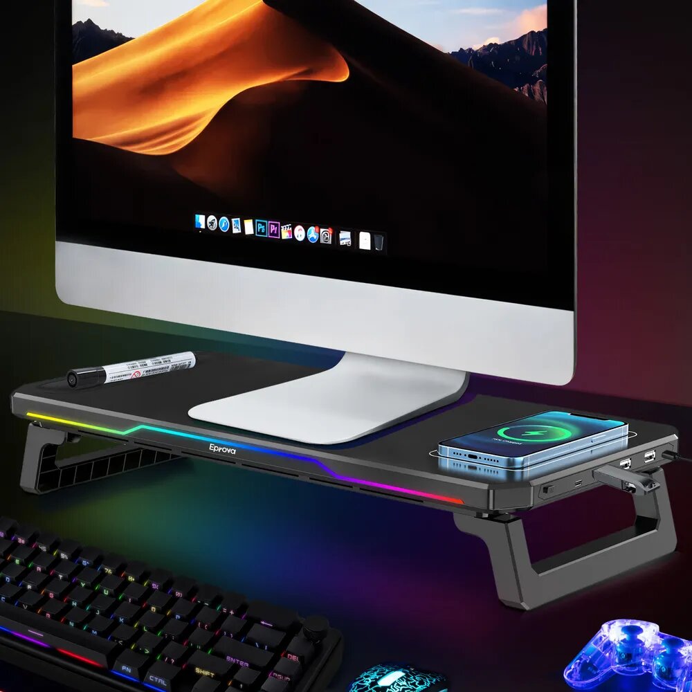 Подставка для монитора EPROVA XSQZJ-01 с USB-хабом и RGB-подсветкой настольная - универсальная складная полка под монитор на стол с портами