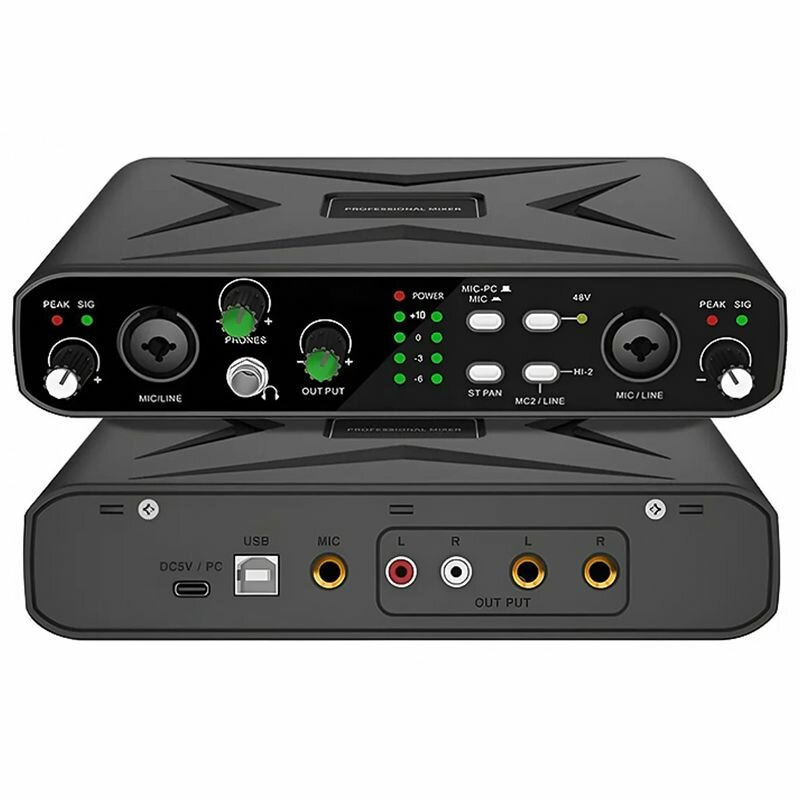 Профессиональный аудиоинтерфейс USB, звуковая карта для записи вокала, подключения микрофона, гитары, для студии, стриминга и пения