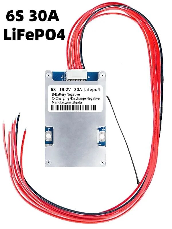 Bisida BMS 6S 19.2V 30A плата защиты для LiFePO4 аккумуляторов с балансировкой и NTC, общий порт, 10 функций защиты, система управления батареей