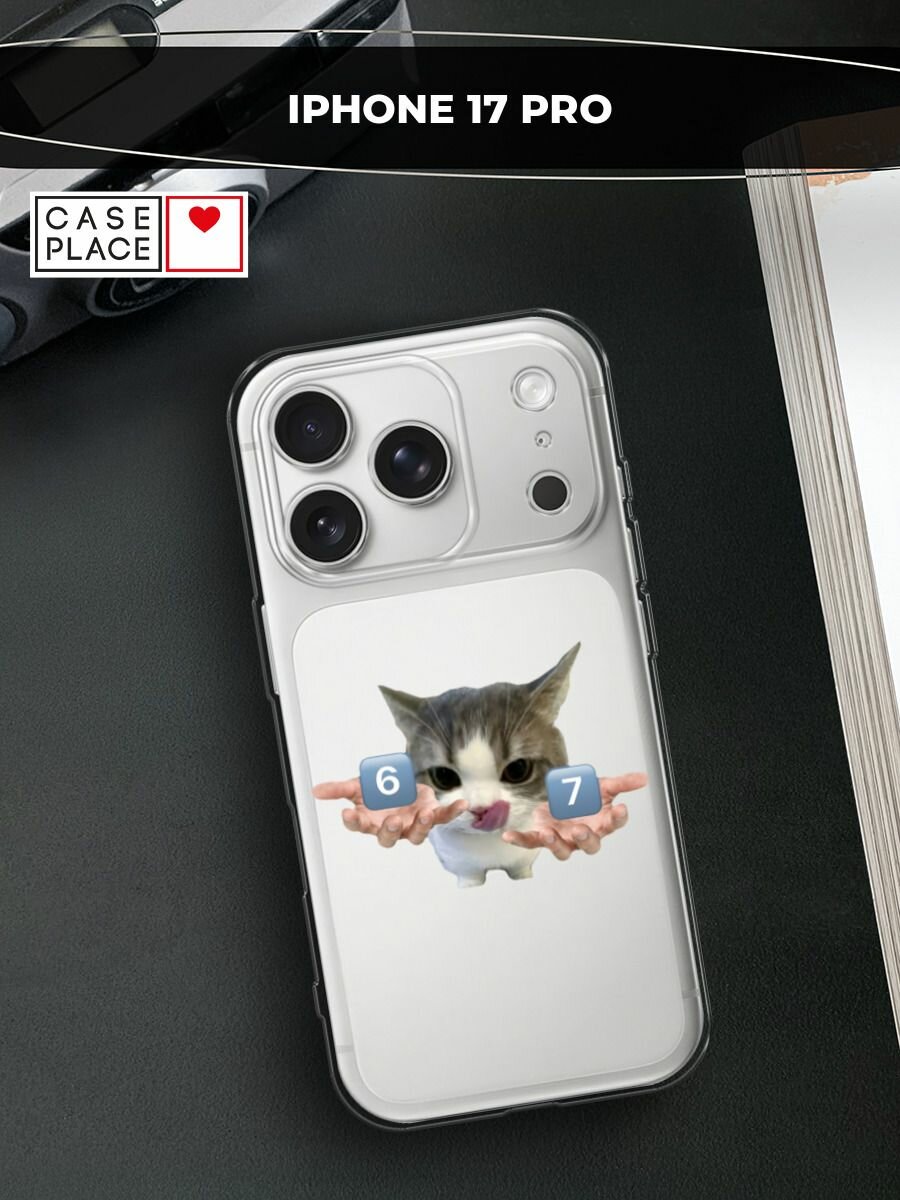 Чехол на Apple iPhone 17 Pro / Айфон 17 Про с принтом Мем 67 с котиком, прозрачный