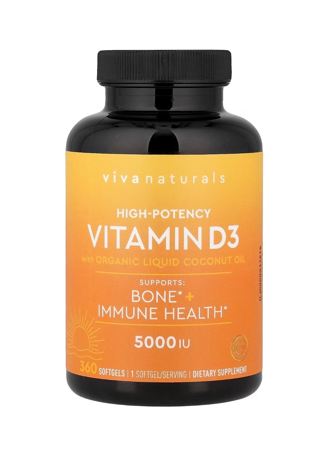 Viva Naturals Витамин Д3 с жидким кокосовым маслом 5000 МЕ 360 капсул