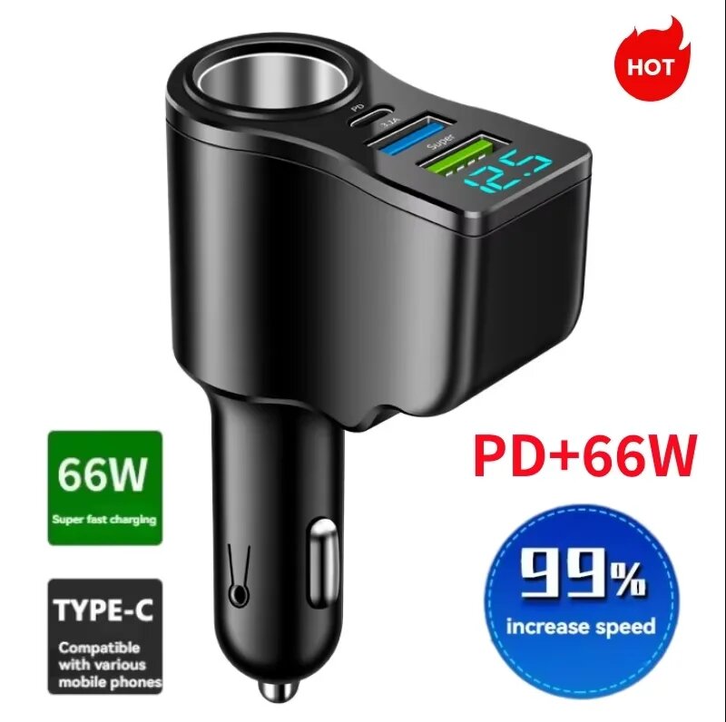 Автозарядка в авто USB-C 66W PD с дисплеем