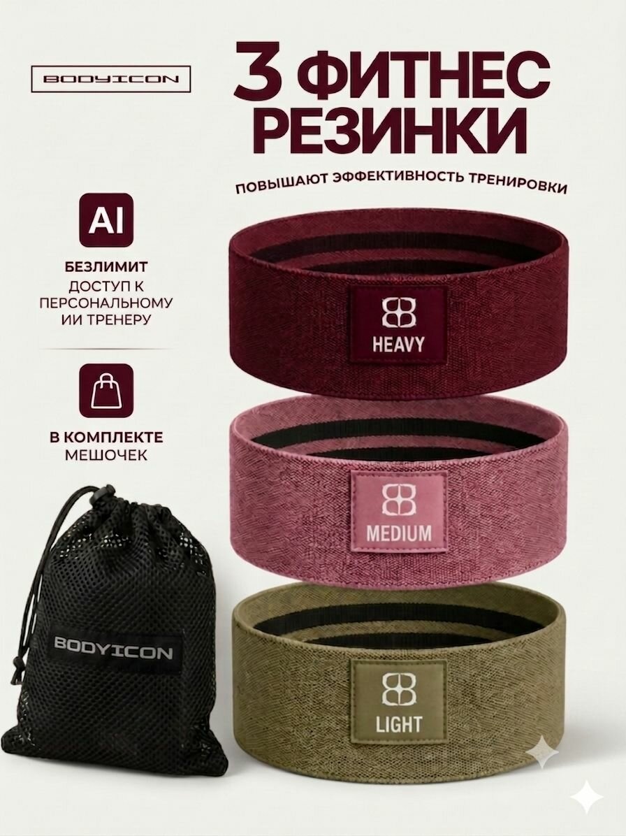 Фитнес резинки тканевые BODYICON с мешочком, комплект усиленные 3шт, резинки для фитнеса, бордовые