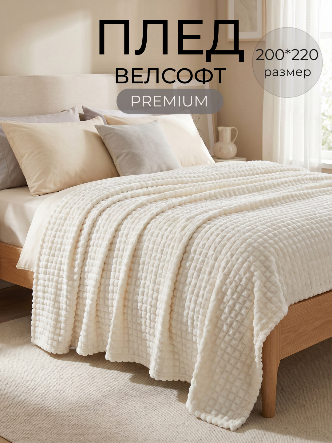 Плед кубик 200*220 молочный, мягкий, теплый