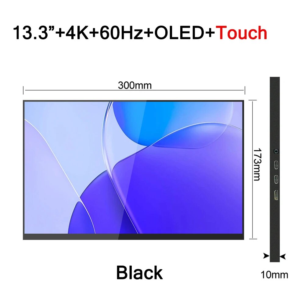 13.3-дюймовый портативный монитор с 4K AMOLED сенсорным экраном 3840*2160P 400 нит HDR 100000:1 1MS игровой дисплей для ПК, ноутбука, телефона, PS5, Xbox