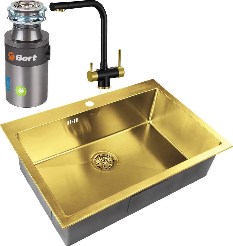 Комплект Мойка Zorg Inox PVD SZR-7551 75x51, bronze, нержавеющая сталь / Смеситель Sanitary ZR 348 YF BLACK BRONZE черный, бронза / Измельчитель Bort Titan 4000 Plus электрический, нержавеющая сталь