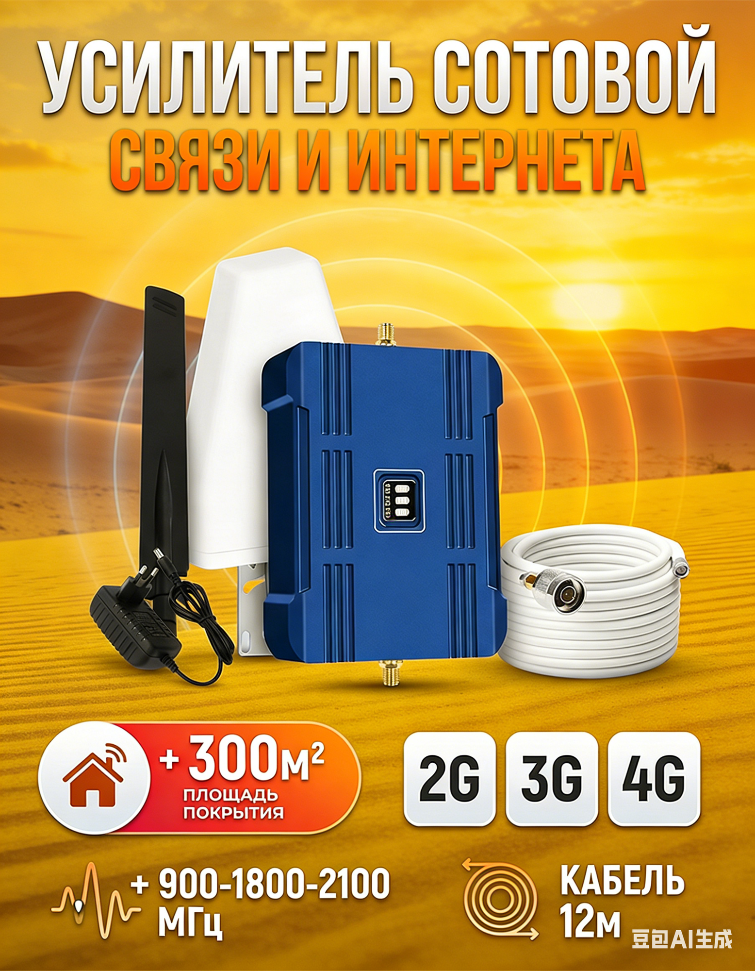 Усилитель сотовой связи 900/1800/2100 МГц (2G/3G/4G): до 70 км, направленный, синий, 1.3 кг