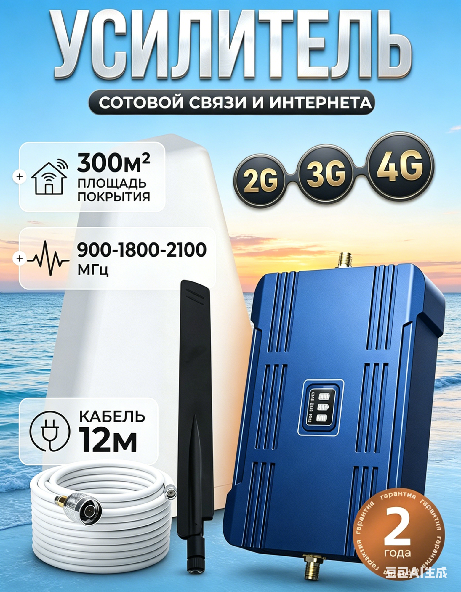Усилитель сотовой связи 900/1800/2100 МГц (2G/3G/4G): до 70 км, направленный, синий, 1.3 кг
