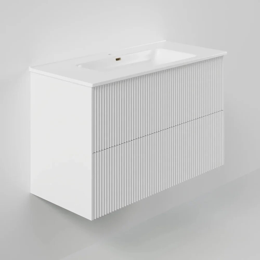 Тумба с раковиной La Fenice Terra Twin 100 подвесная, 101 см, белая, матовая, из МДФ, с ящиками, раковина для ванной, фарфоровая, прямоугольная, встроенный слив-перелив