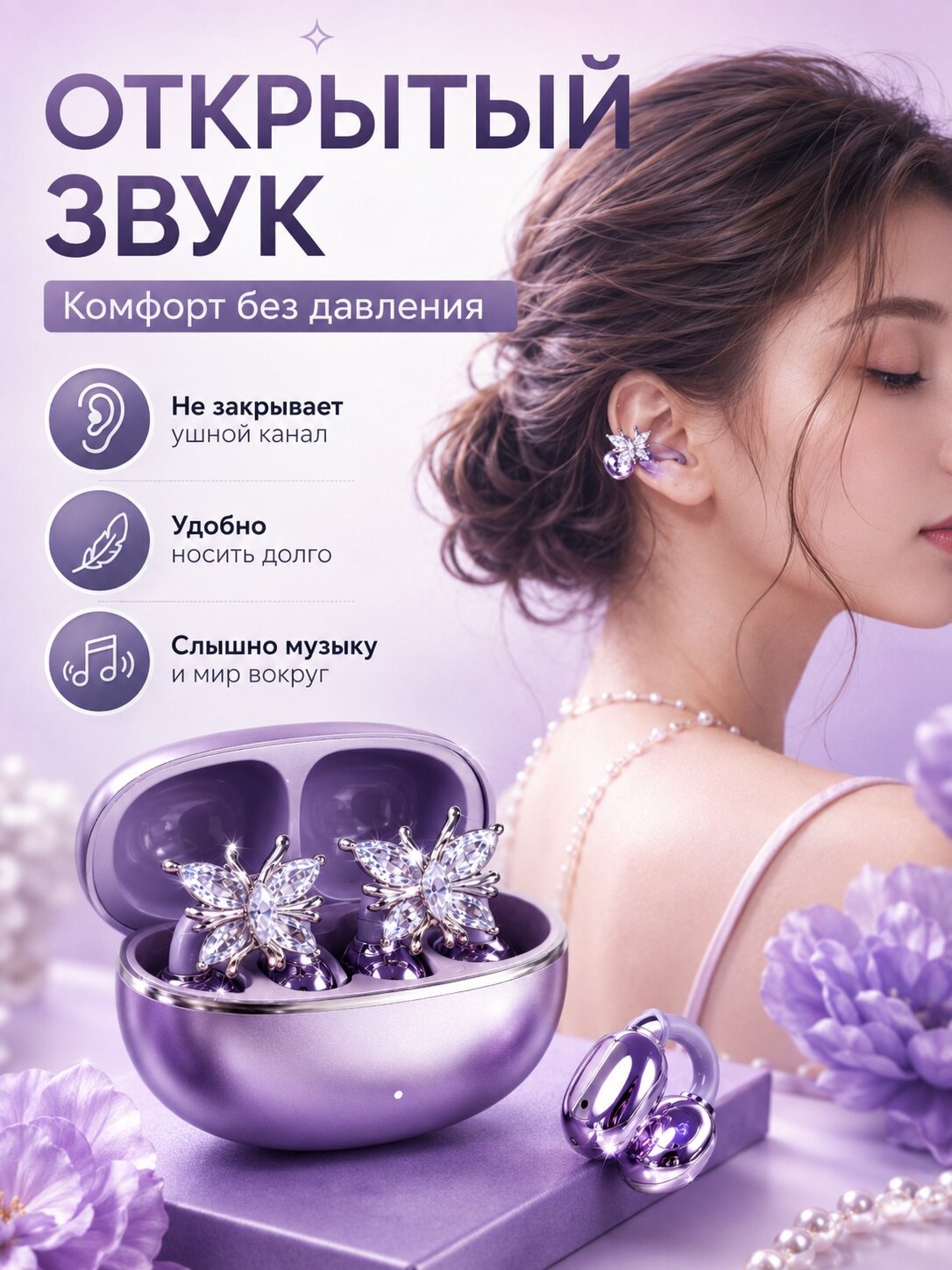 Беспроводные наушники-клипсы Бабочки Bluetooth 6.0, открытые TWS с микрофоном