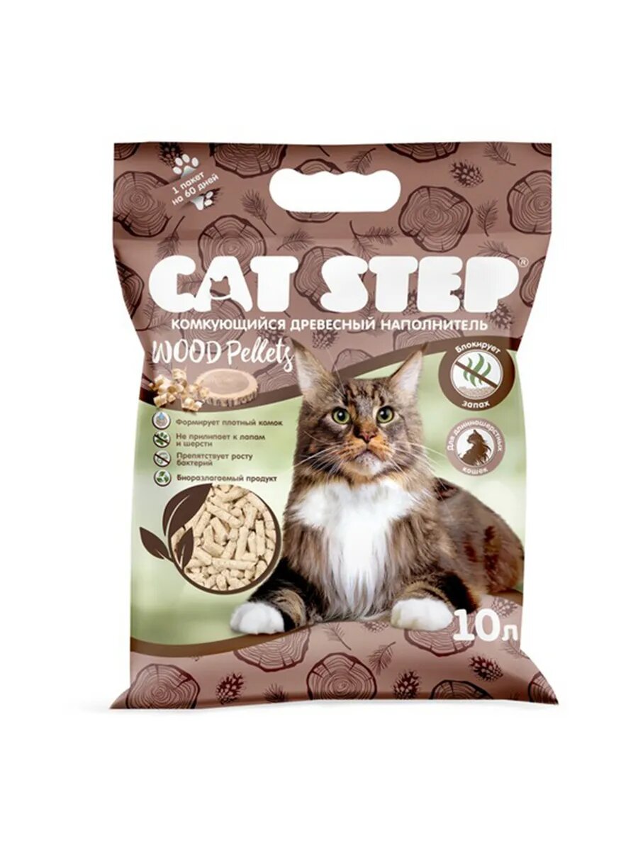 Наполнитель Cat Step Wood Pellets растительный комкующийся, 10 л