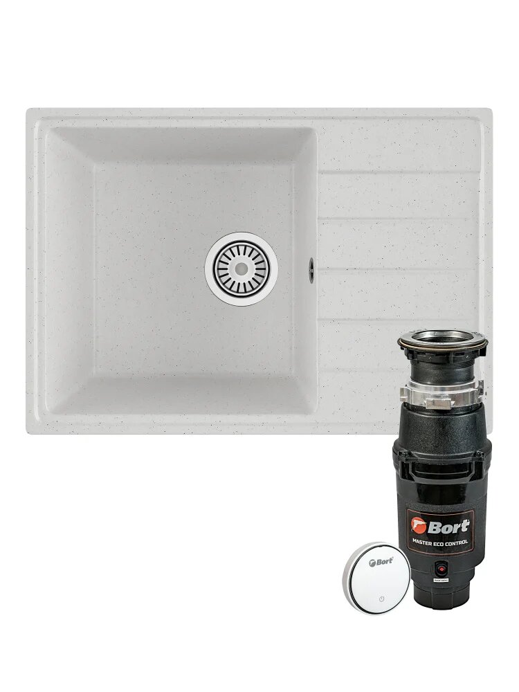 Комплект Мойка Domaci Палермо PR-600-001 60x42, белая, искусственный мрамор / Измельчитель Bort Master Eco Control электрический, нержавеющая сталь