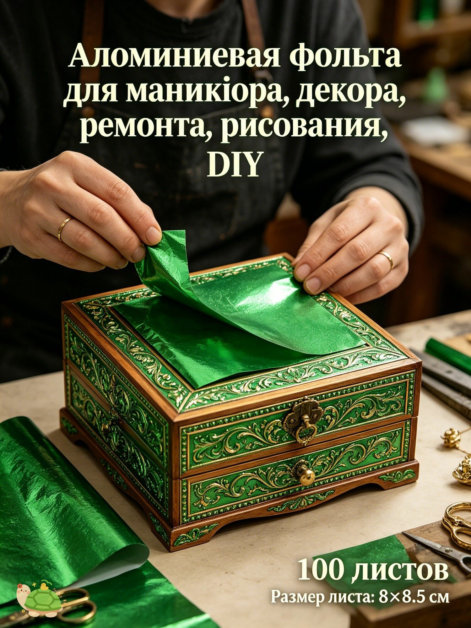 Сусальное золото, Позолота, Блестящая фольга для эпоксидной смолы , цвет светлое золото, 100 листов 8х8 см