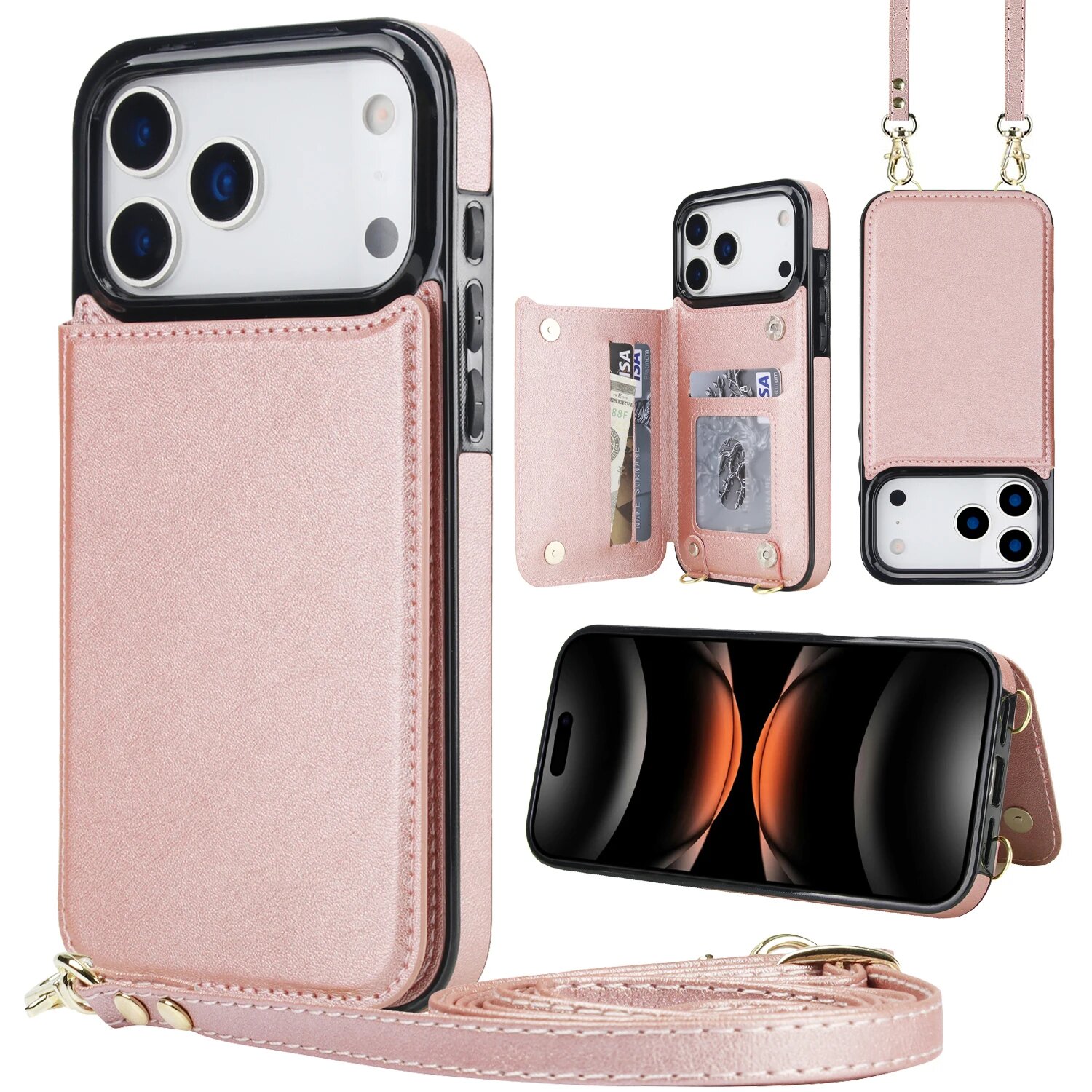 Роскошный кожаный чехол-кошелек с ремешками для iPhone 17, 16, 15, 14, 13, 12, iPhone17 Про, Розовый