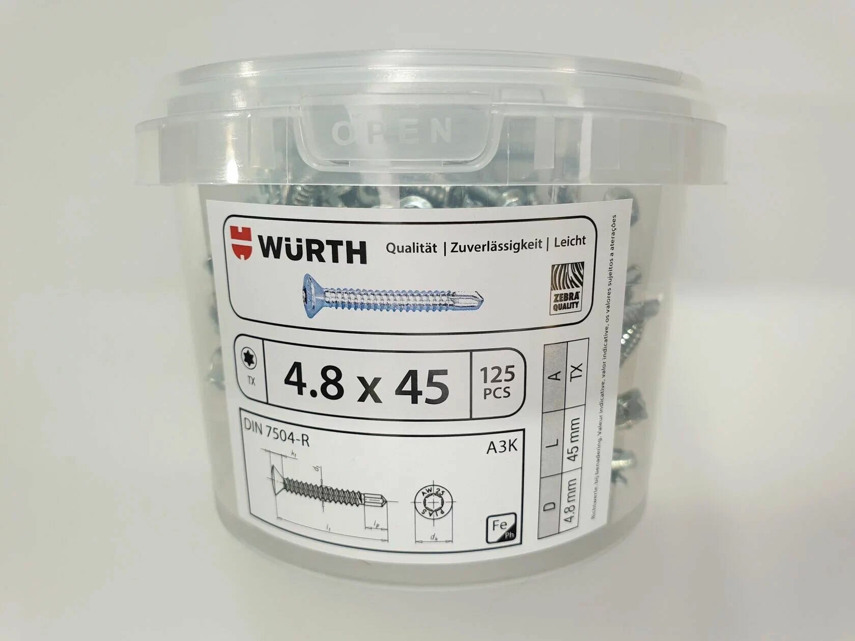 Саморез по металлу DIN 7504-R 4.8x45 (125 pcs) WURTH, Германия