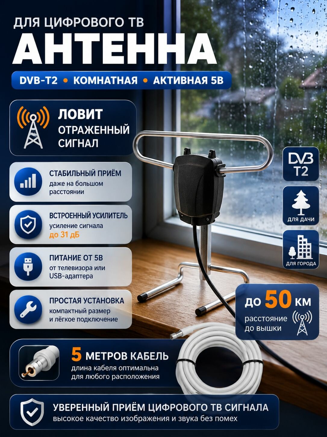 Антенна для телевизора комнатная с усилителем ДОН-1, для цифрового ТВ DVB-T2, 5V, кабель 5 м, инжектор питания МИР антенн