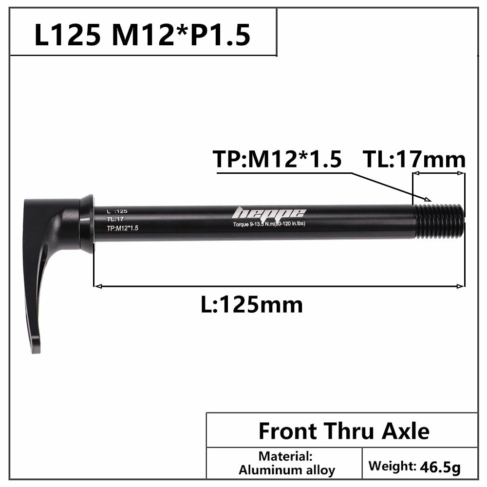 HEPPE сквозная ось для MTB велосипеда черная 12x142/148 12x100/110 Черный, L125 M12x1.5 TL17