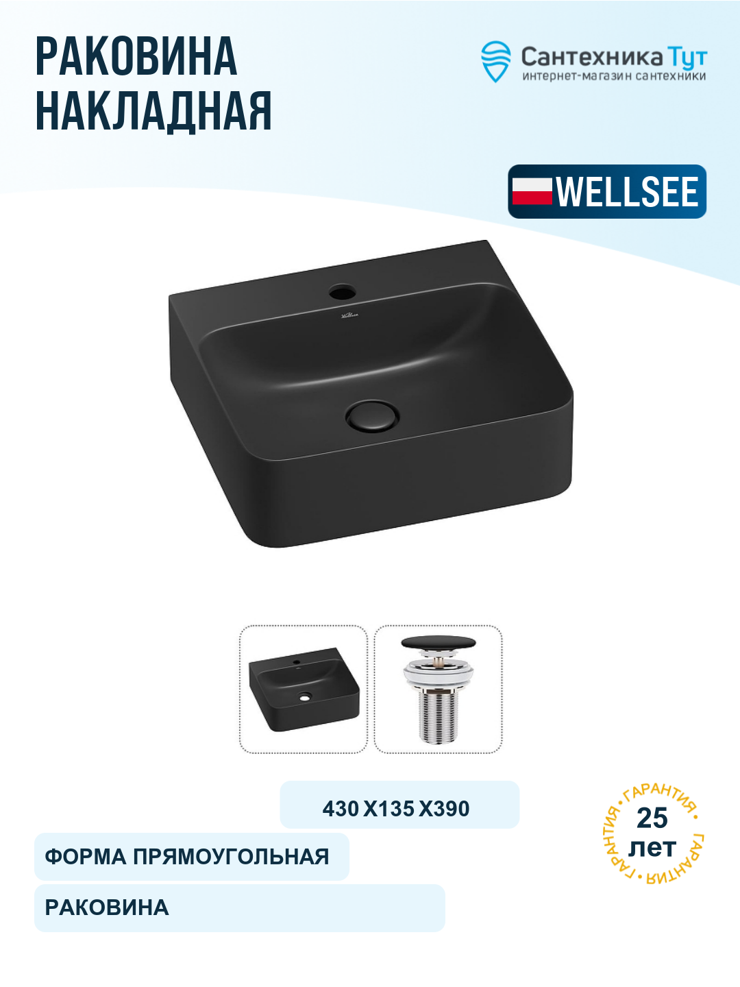Раковина Wellsee Clermont 43 302607000 цвет Черный матовый