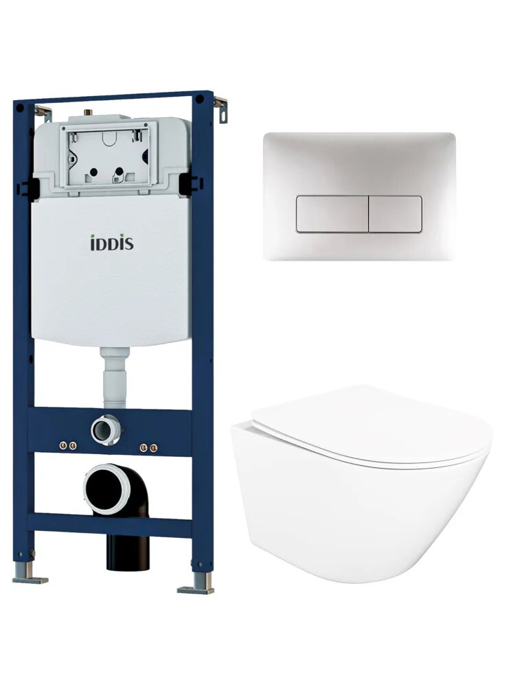 Комплект 4 в 1: Инсталляция IDDIS Профикс (Profix) PRO0000i32 / Унитаз подвесной STWORKI Левангер S07401WH безободковый, с микролифтом / Кнопка Юнификс (Unifix) UNI80M0i77, Комплект креплений
