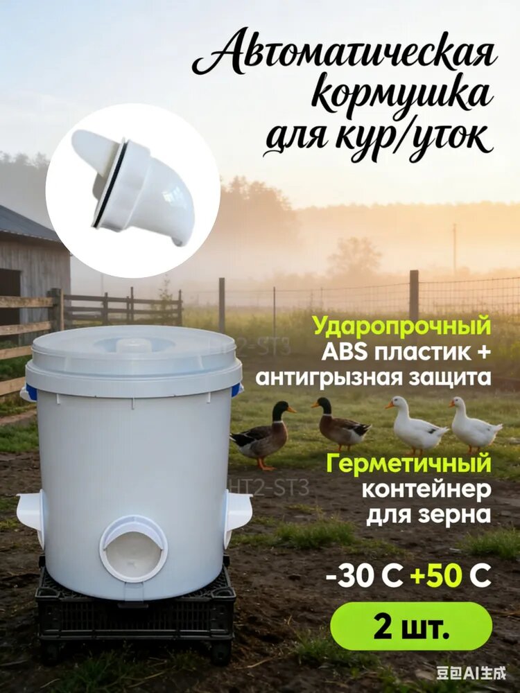 Кормушка автоматическая для кур/уток Ударопрочный АБС пластик + защита от прогрызания Герметичный зерновой контейнер -30 С +50 2 шт