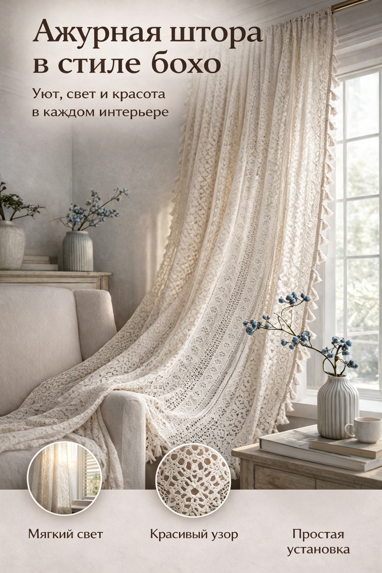 Нитяные шторы "Американский кантри", вязаные крючком, полупрозрачные, для гостиной/спальни/кухни，150*280cm
