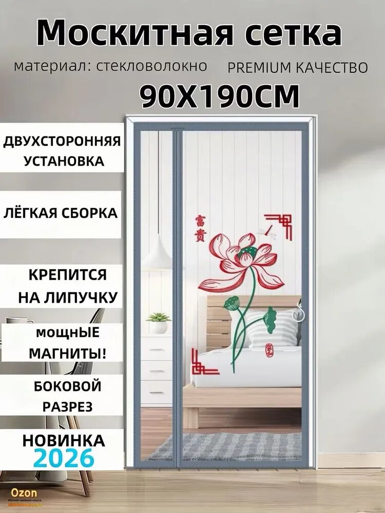 Москитная сетка на дверь на магнитах 90x190см/Боковое отверстие