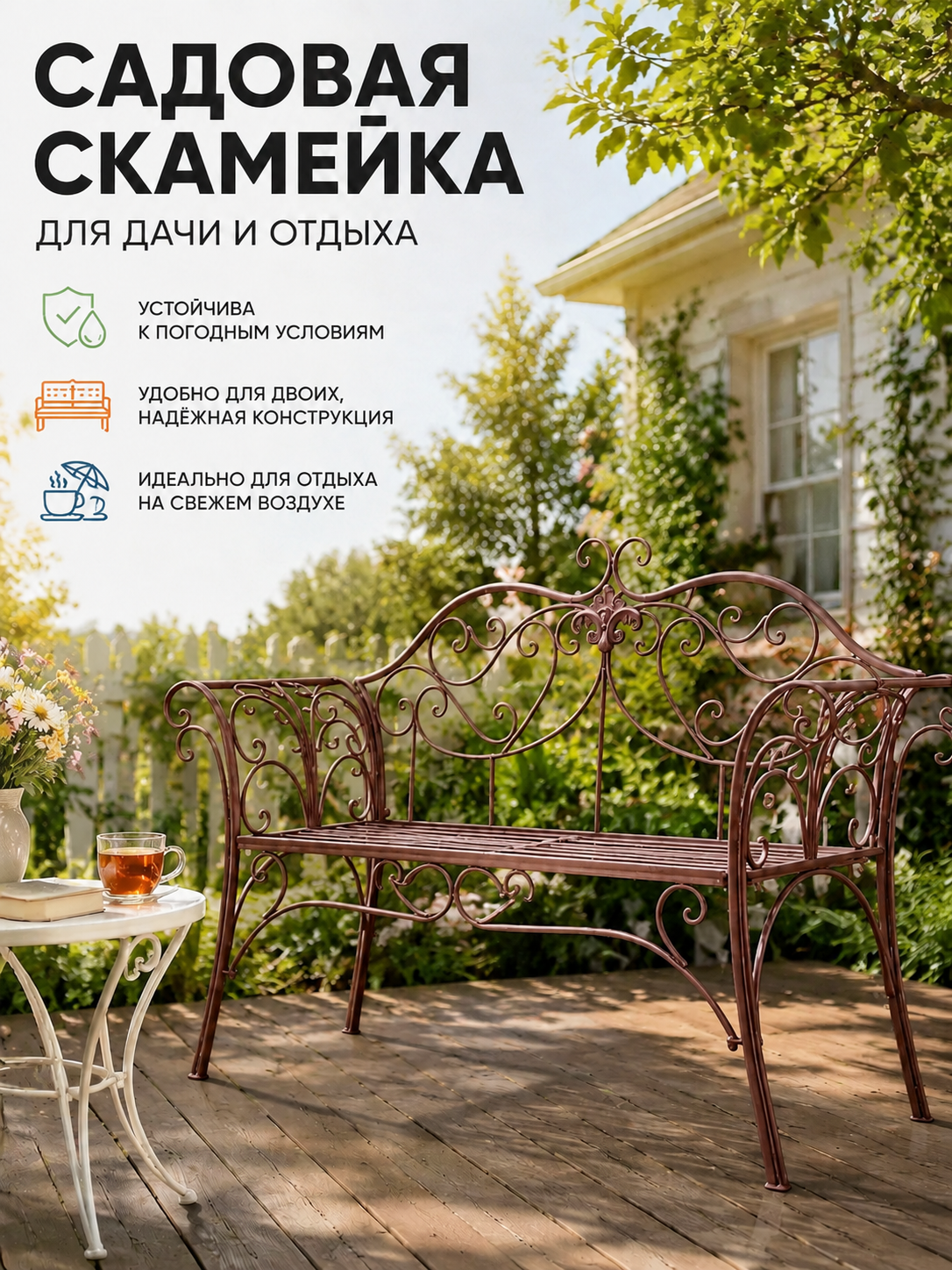 Садовая металлическая скамейка под старину, бронзовый, 133×51×89 см, для патио и беседки