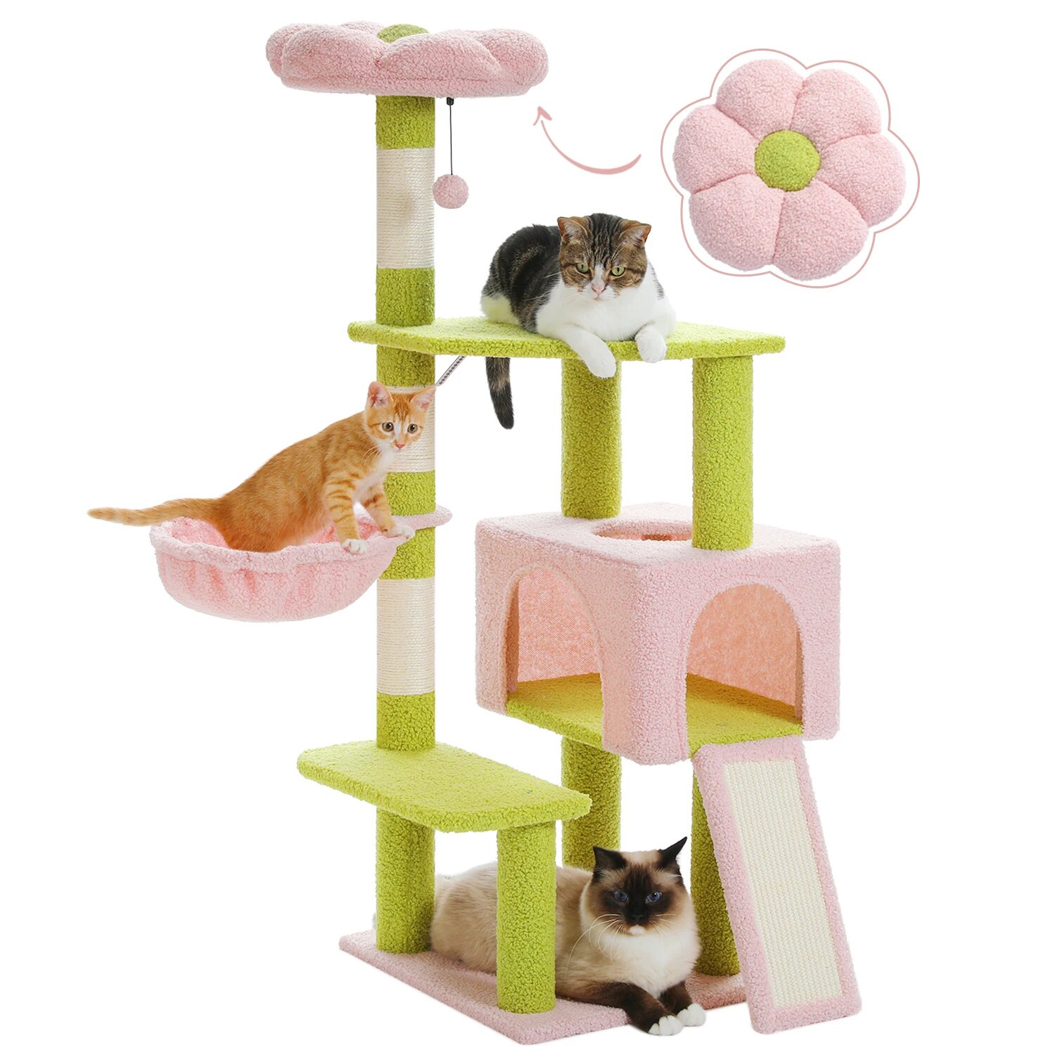 Котовый мачта "Flower Cat Tree" многоуровневая с колоннами для скрэтчинга, обтянутыми сизалем, милый коттедж для домашних кошек мелких и средних размеров с верхней насестой