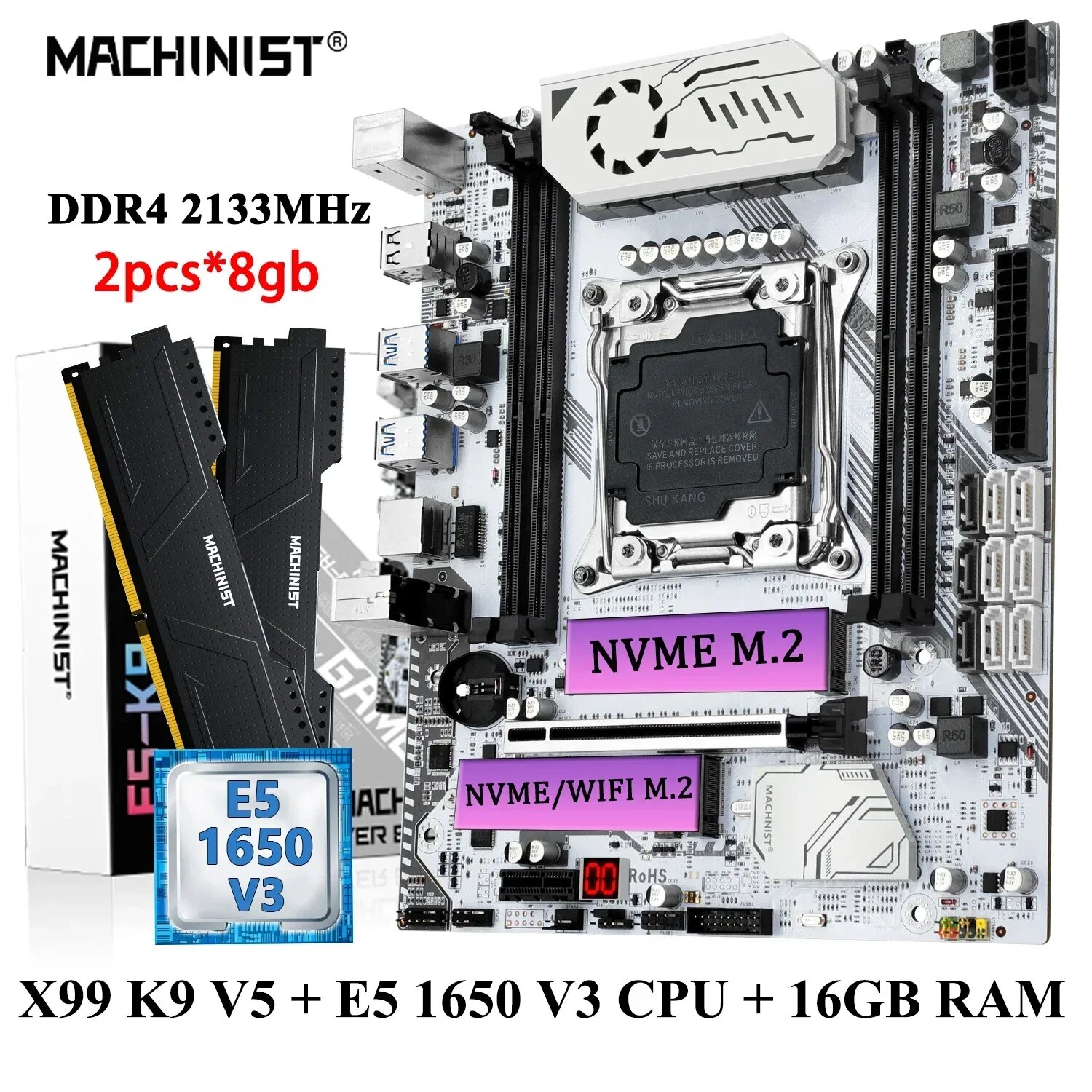 Комплект материнской платы MACHINIS X99 K9 LGA 2011-3 Kit Процессор Xeon CPU E5 1650 V3 Оперативная память DDR4 2шт*8гб SSD M.2 NVME usb3.0 M-ATX