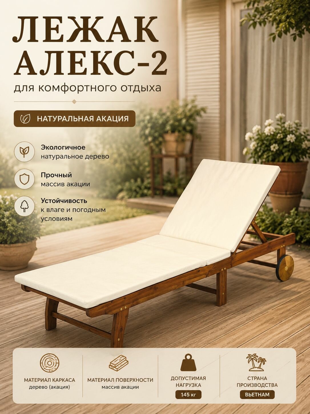 Лежак из натуральной акации Алекс-2, Шезлонг для отдыха, 200х60х38 см. натуральная акация, бежевый/коричневый