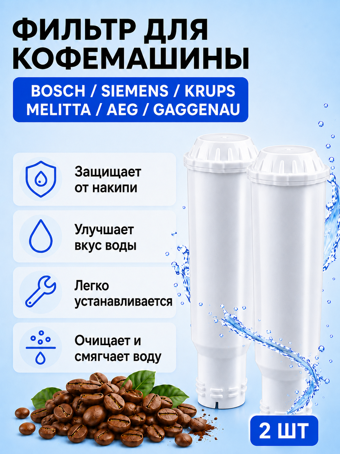 Фильтр для кофемашины Bosch, Siemens, KRUPS, Melitta, AEG, Gaggenau (комплект из 2 штук)