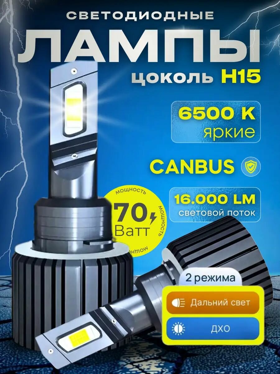 Светодиодные лед лампы h15 для автомобиля 6500k холодный белый свет Н15, лампочки H15 70Вт