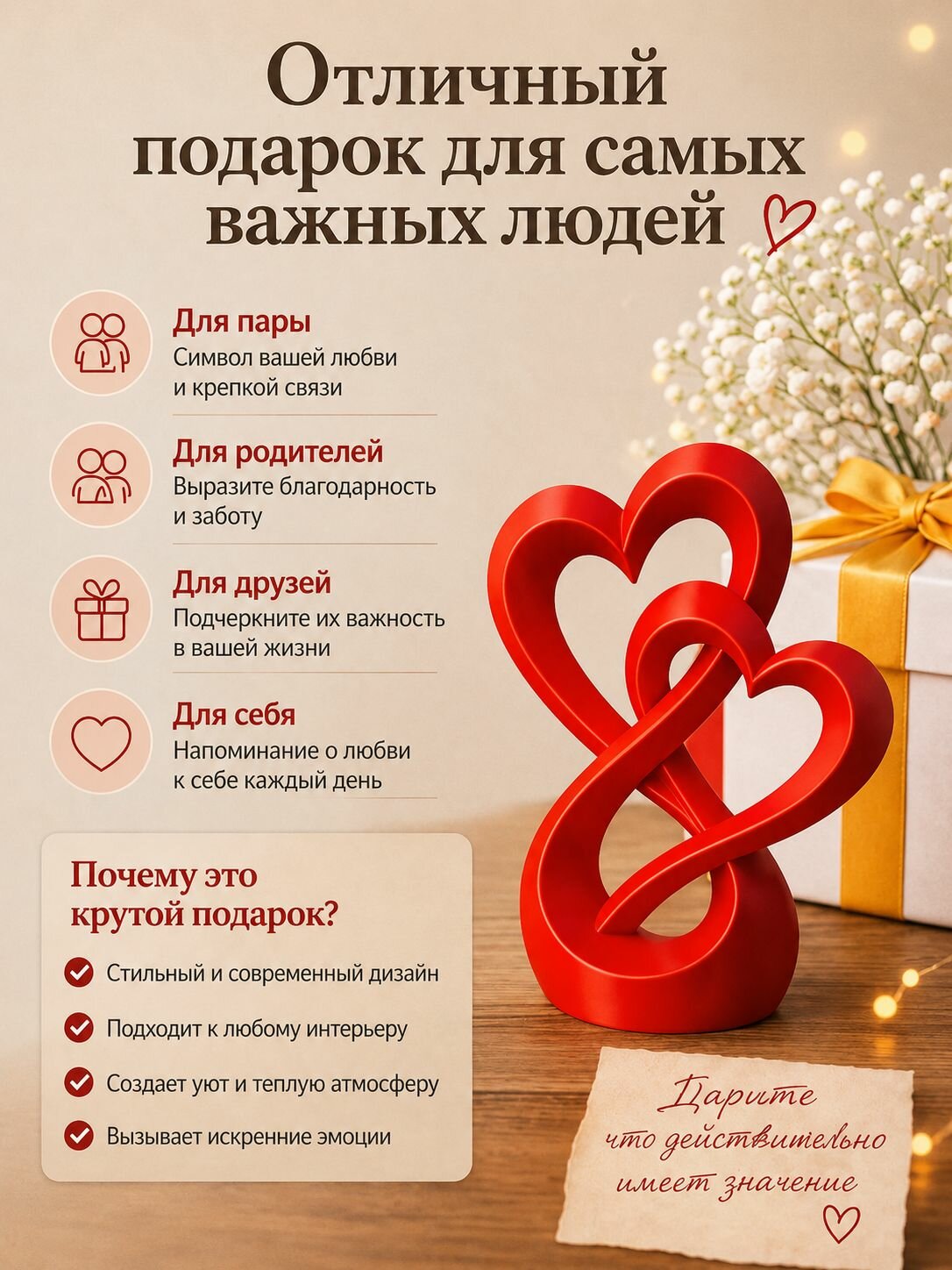 Статуэтка два сердца, декор для дома, подарок девушке, парню, жене, декоративная фигурка для интерьера