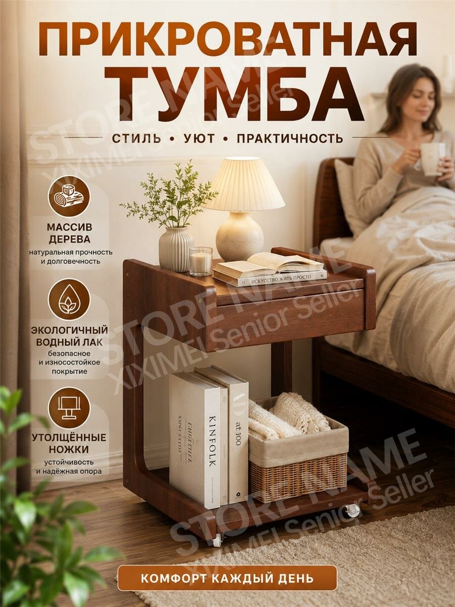 Тумба прикроватная деревянная с полкой и ящиком, экологическая краска, устойчивое основание, мобильная модель для хранения мелочей в спальной комнате