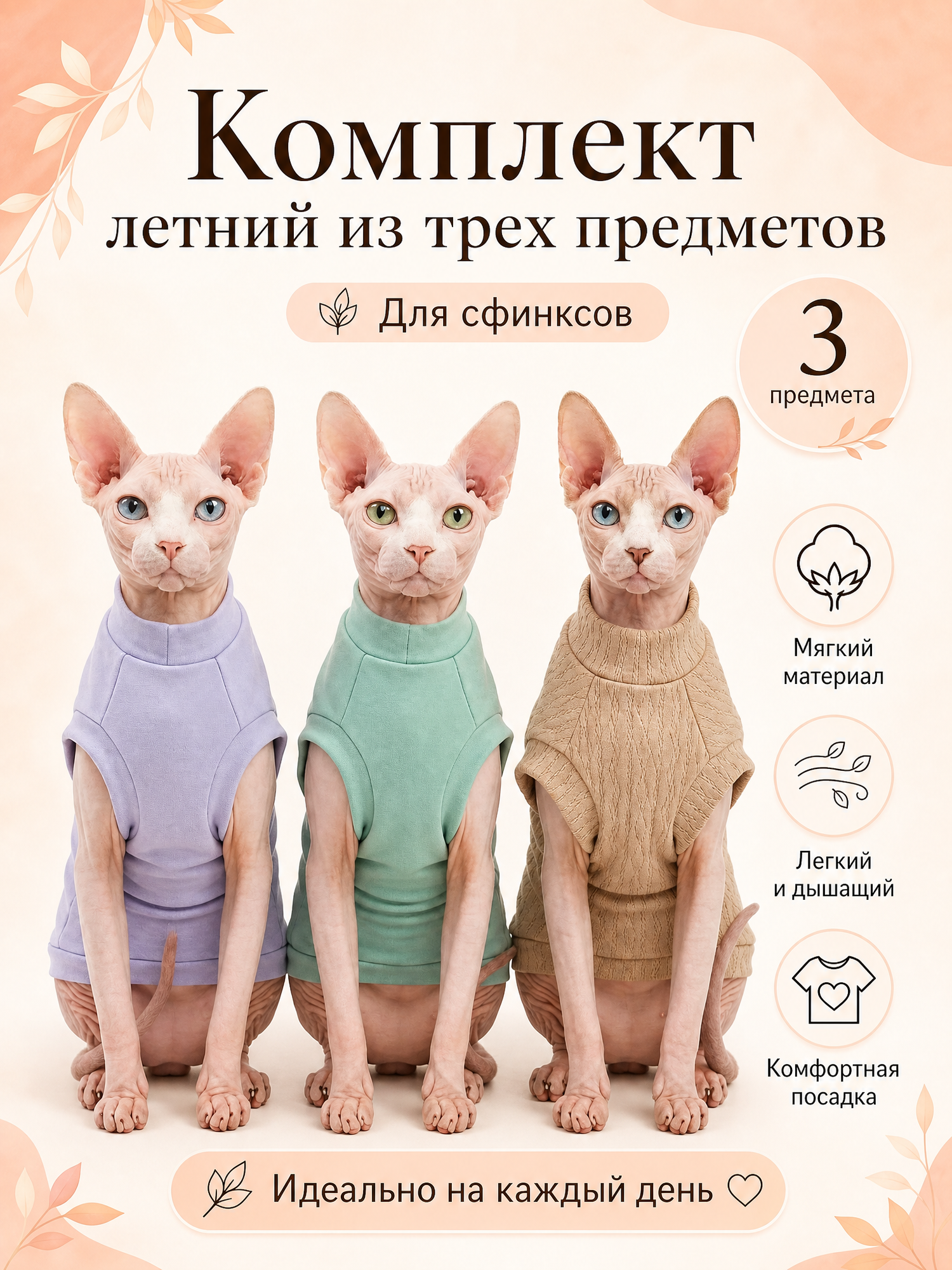Летний комплект одежды Mini Zodiac "Сирень", для кошек, 3 предмета, размер 40, 100% хлопок