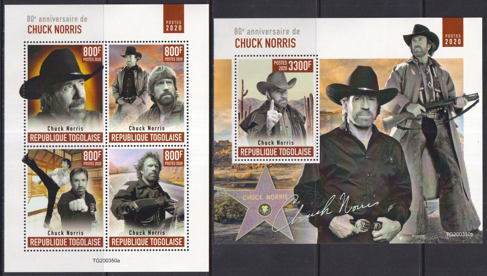 Марки 2020 год Того Чак Норрис Боевые искусства Кино #8638-8641+Bl2010 Mnh