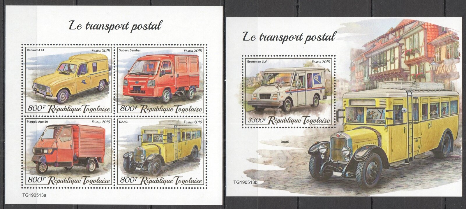 Марки 2019 год Того Почтовые перевозки Автомобили Renault Subaru #7619-7622+Bl1749 Mnh