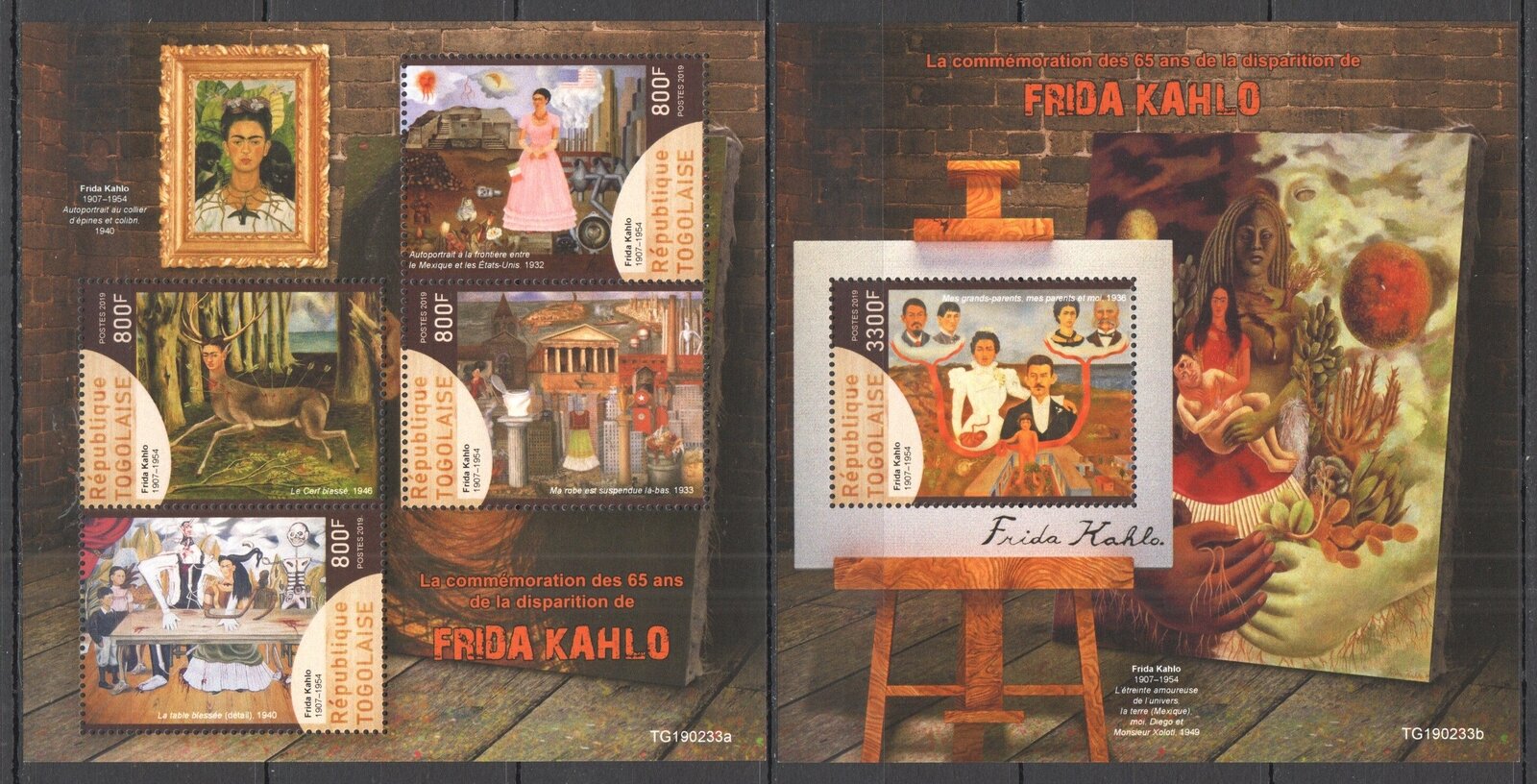 Марки 2019 год Того Фрида Кало Искусство Живопись #6932-6935+Bl1565 Mnh